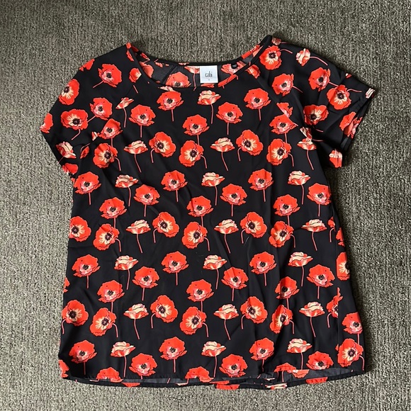 CAbi | Tops | Cabi Blouse Red Orange Black Flanders Poppy Split Back ...